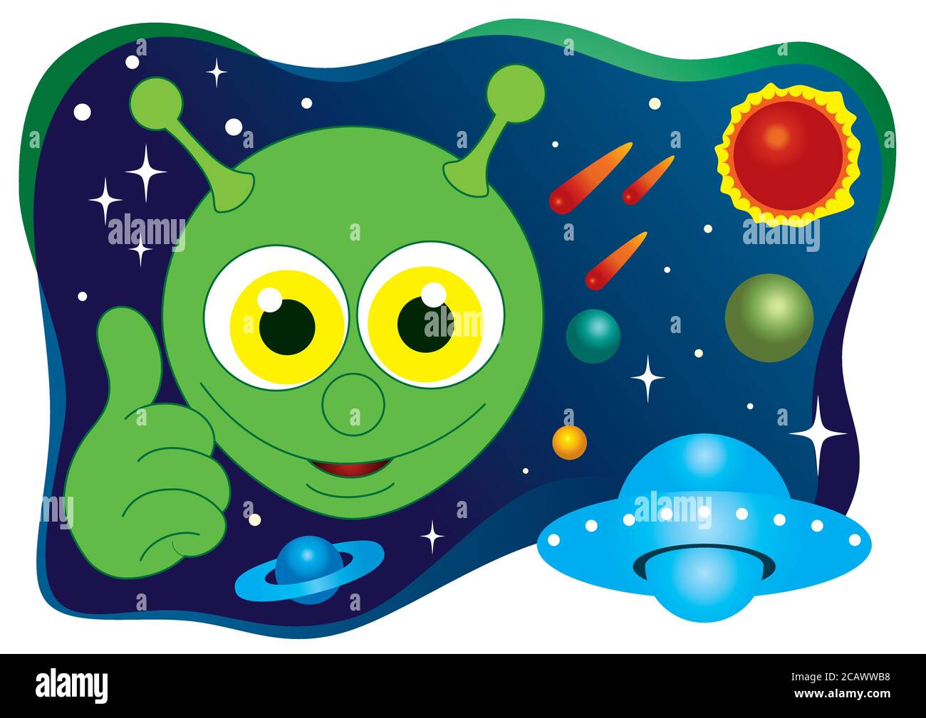 Funny monsters in space. Alien UFO spaceship in the universe, vector ...