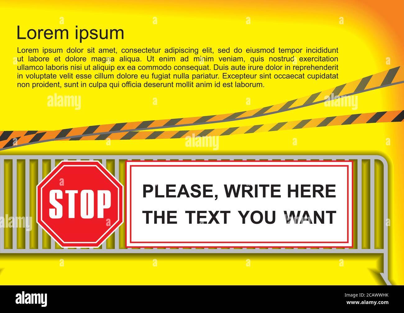 Road sign with the word stop and signal warning tape. Road works and ...