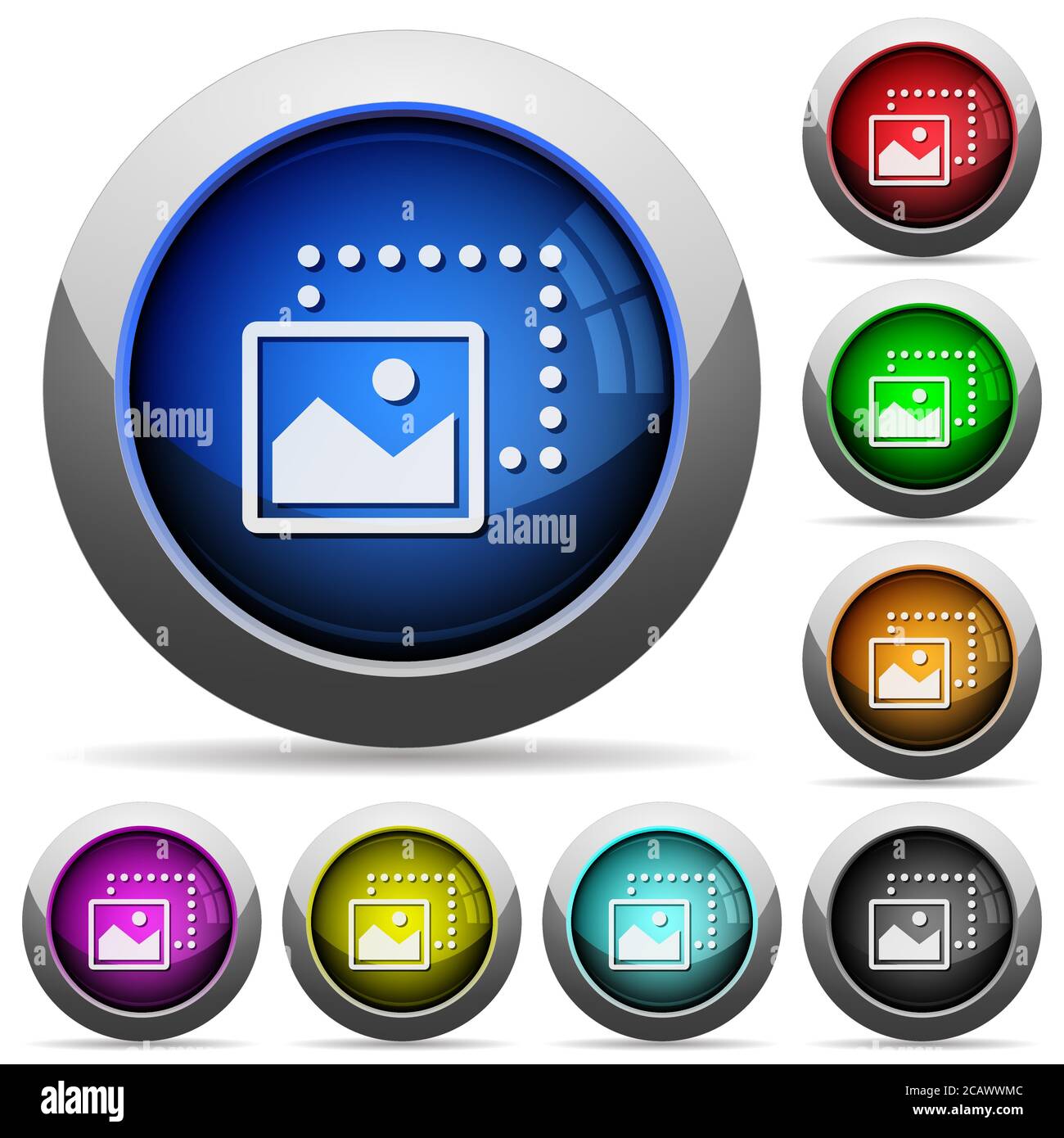 Drag image to bottom left icons in round glossy buttons with steel ...