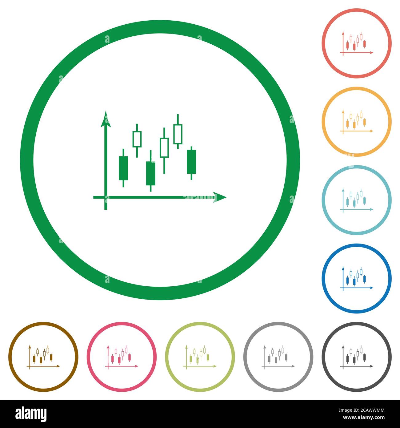 Candlestick graph with axes flat color icons in round outlines on white ...