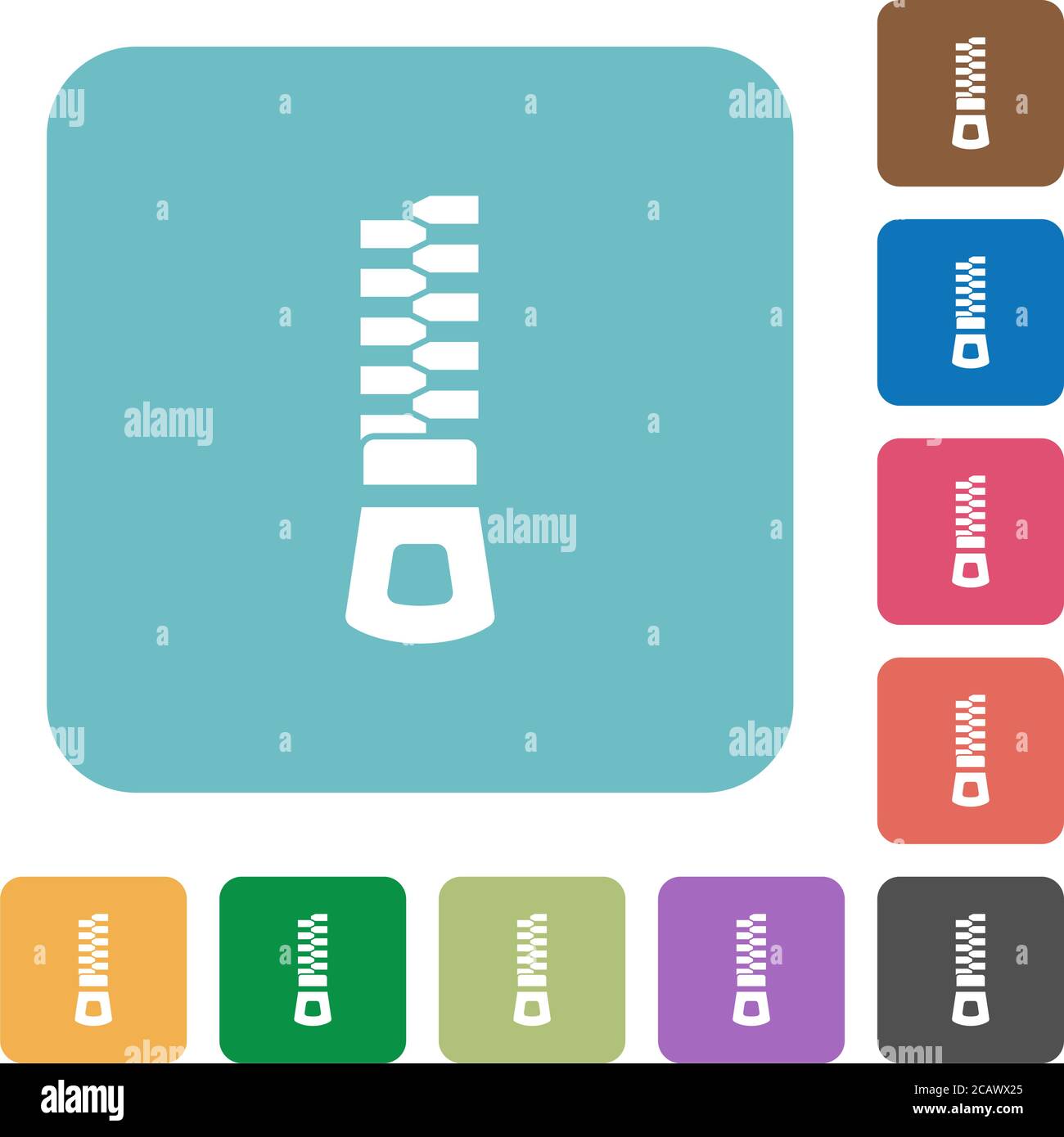 Vertical zipper white flat icons on color rounded square backgrounds ...