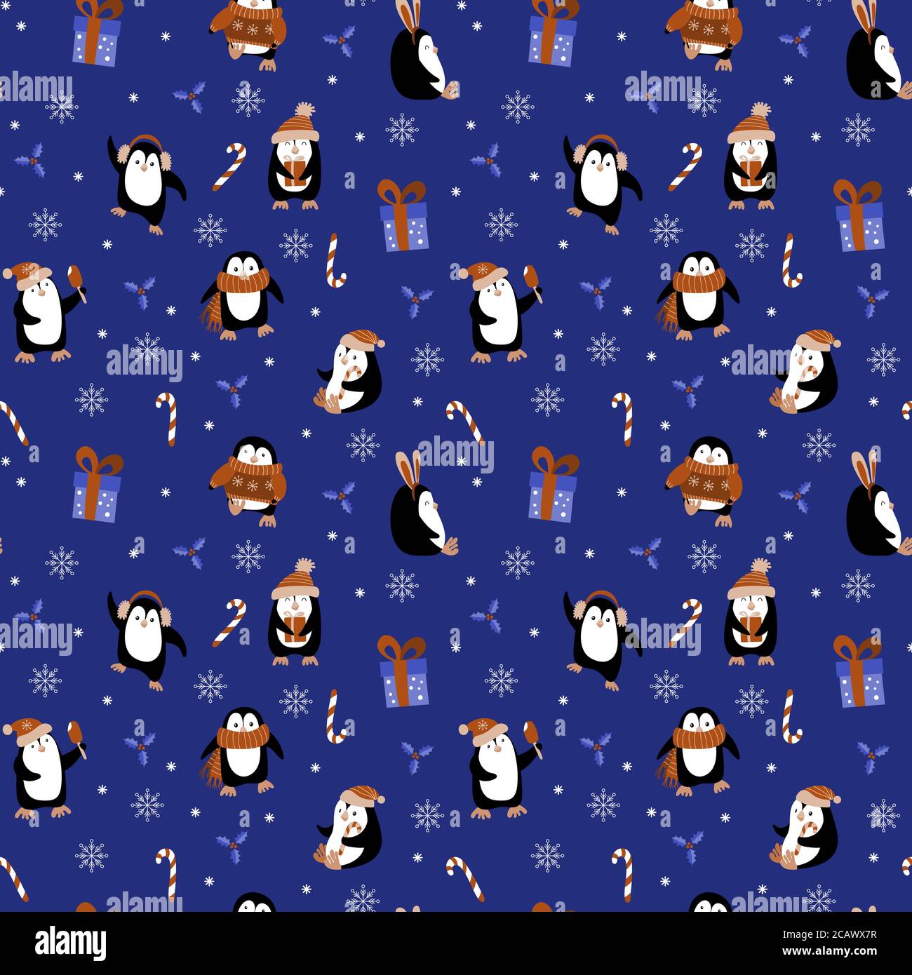 Christmas seamless pattern with cute cartoon penguins. New year ...