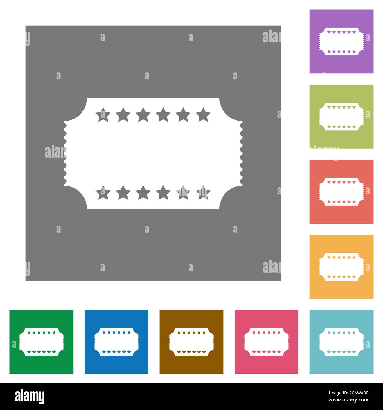 Ticket with stars flat icons on simple color square backgrounds Stock ...