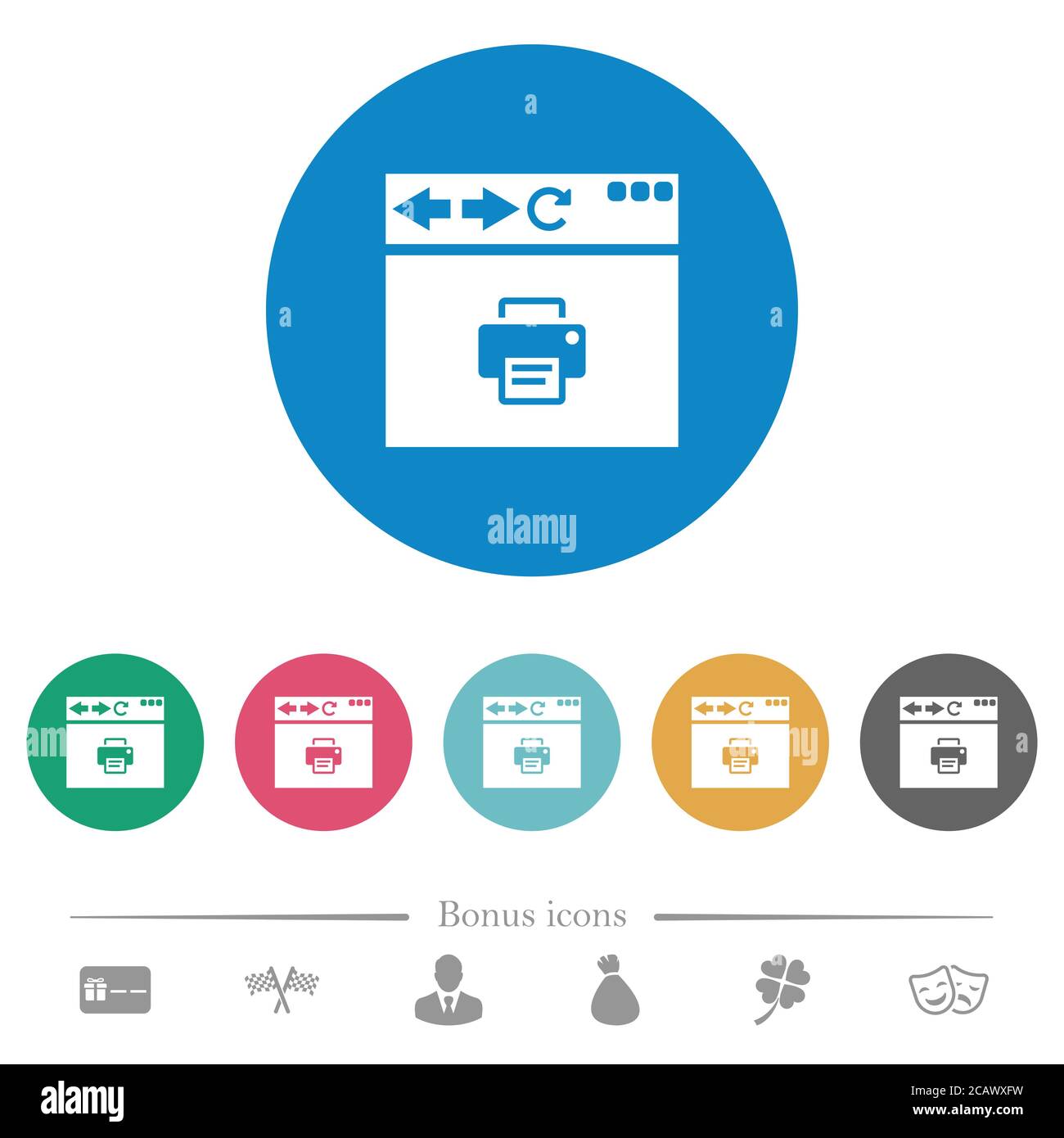 Browser print flat white icons on round color backgrounds. 6 bonus ...