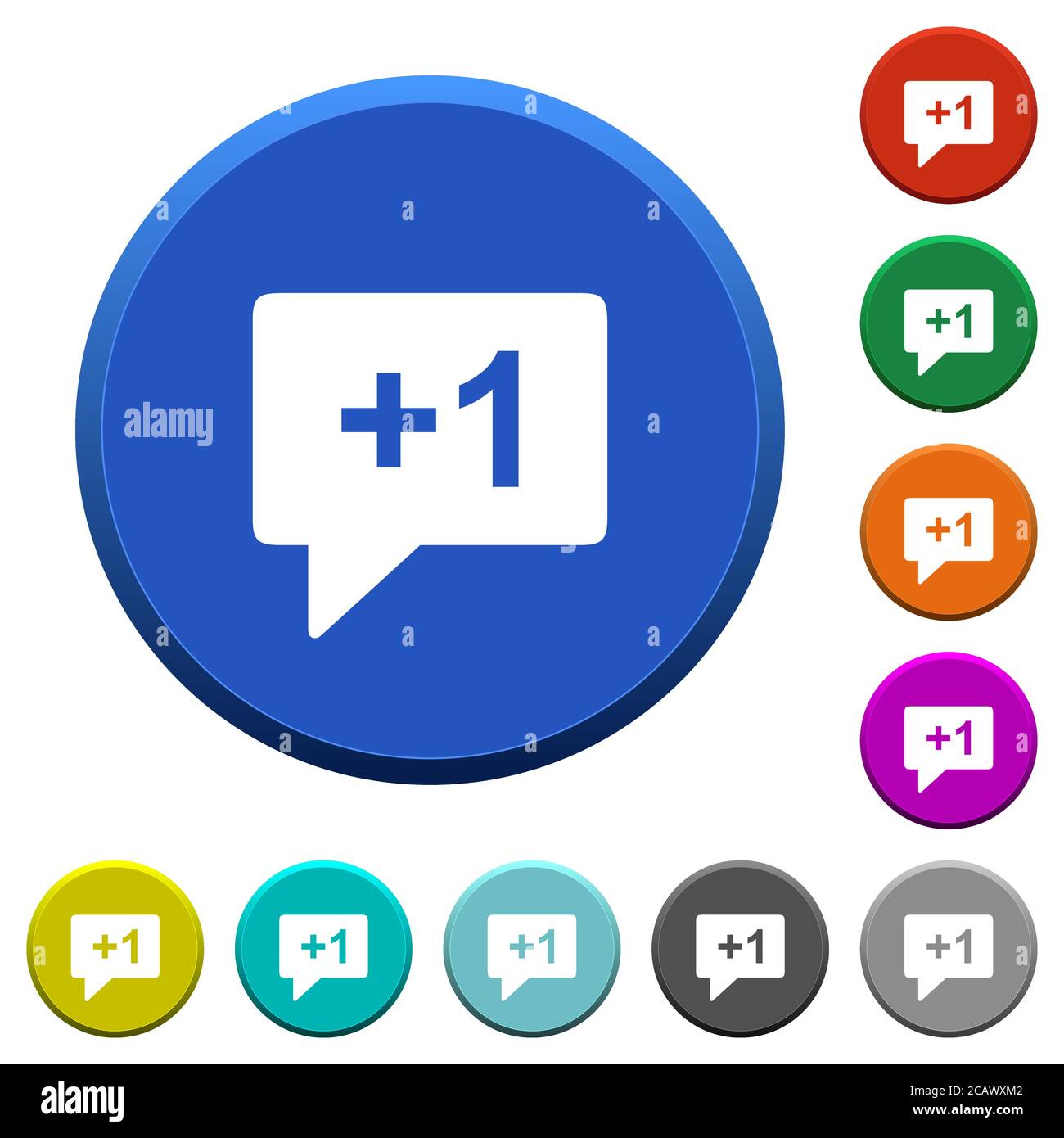 Plus one sign round color beveled buttons with smooth surfaces and flat ...