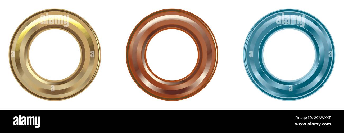 Solid Brass Eyelets, Multicolored eyelets, Grommets set isolated. Metal ...