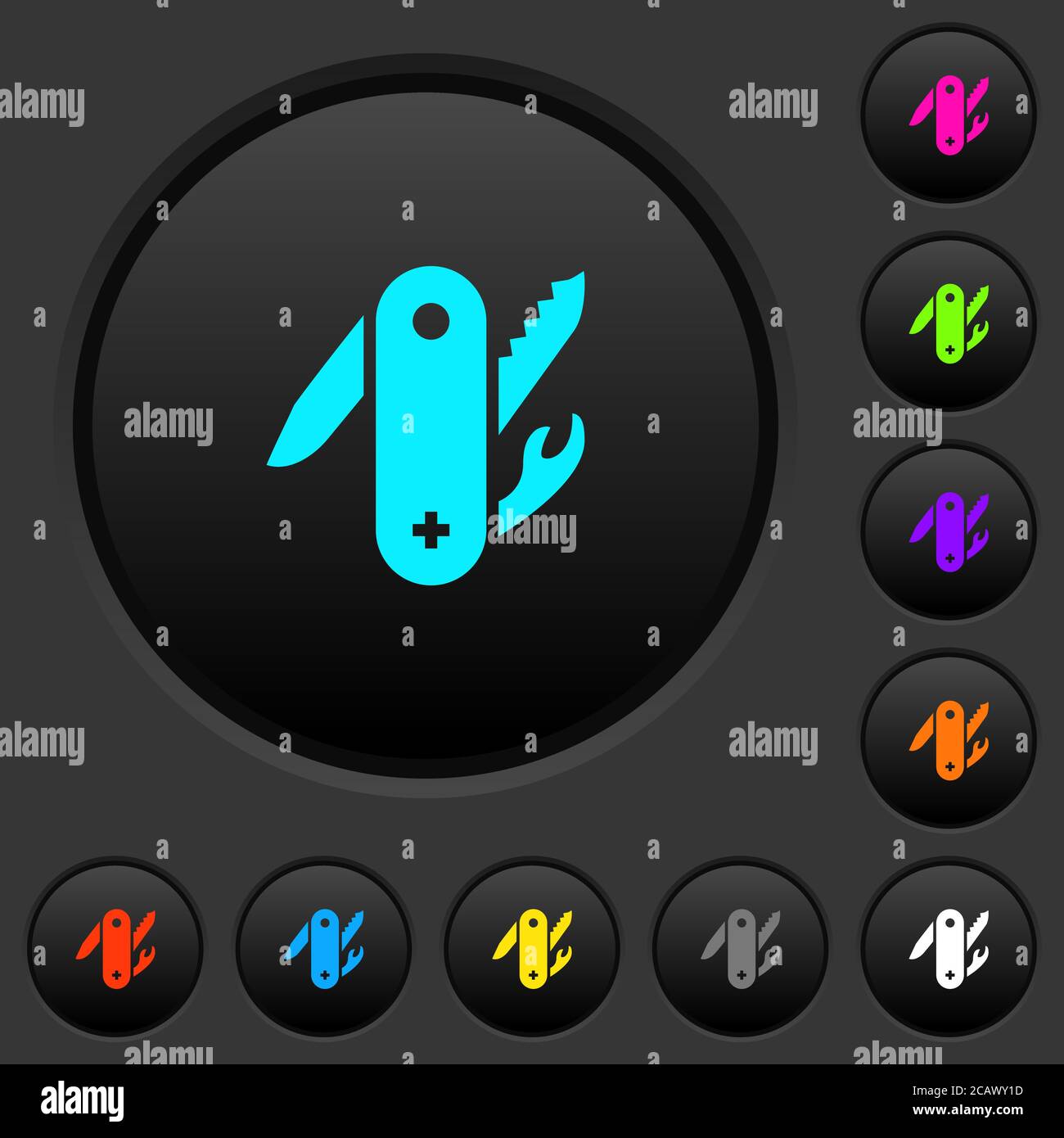 Swiss army knife dark push buttons with vivid color icons on dark grey ...
