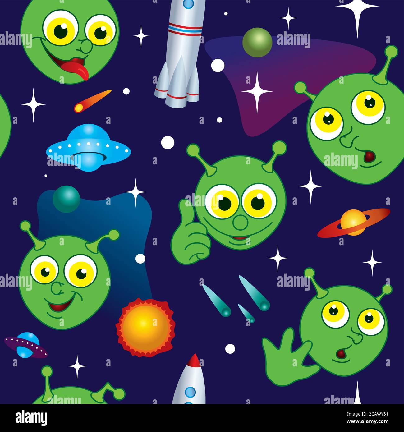 Seamless pattern with the image of funny monsters in space. Alien UFO ...