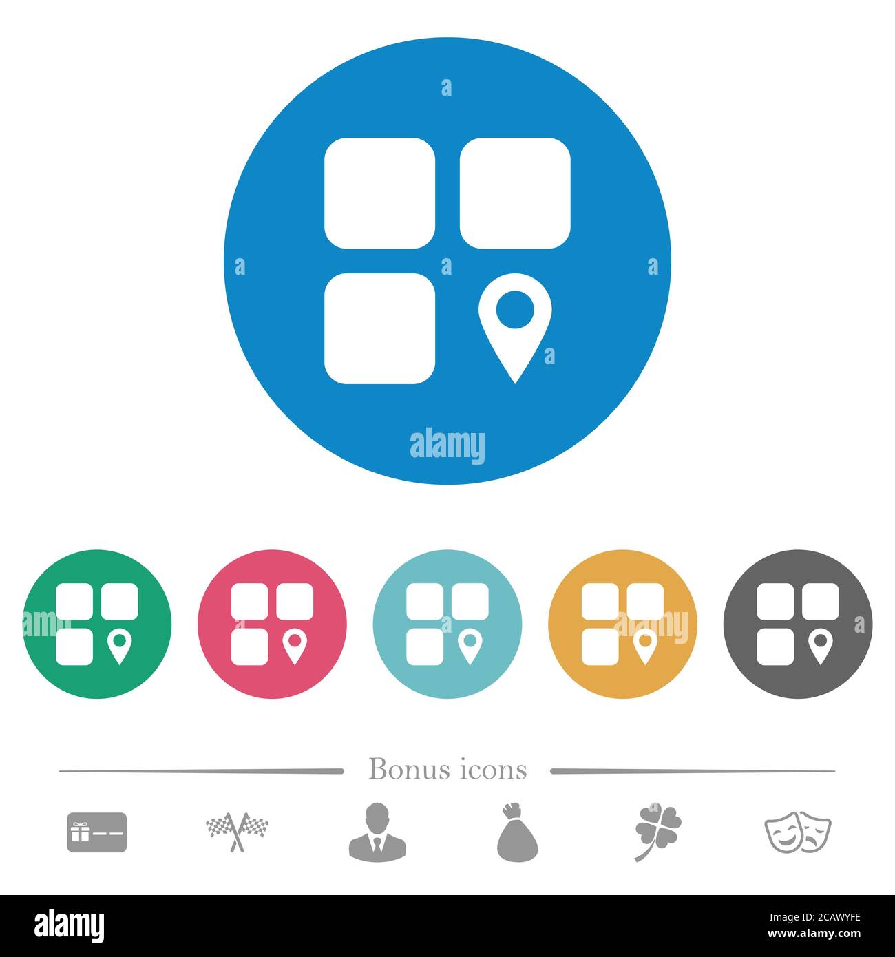Component location flat white icons on round color backgrounds. 6 bonus ...