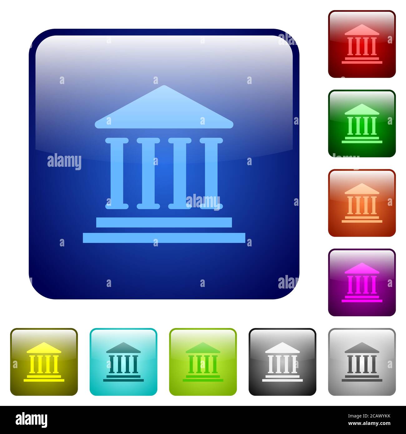Bank office building icons in rounded square color glossy button set ...