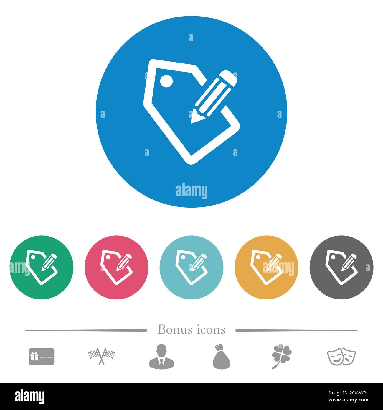 Tagging with pencil flat white icons on round color backgrounds. 6 ...