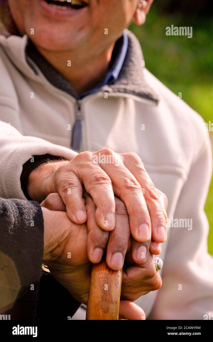 Hands on a walking stick hi-res stock photography and images - Alamy