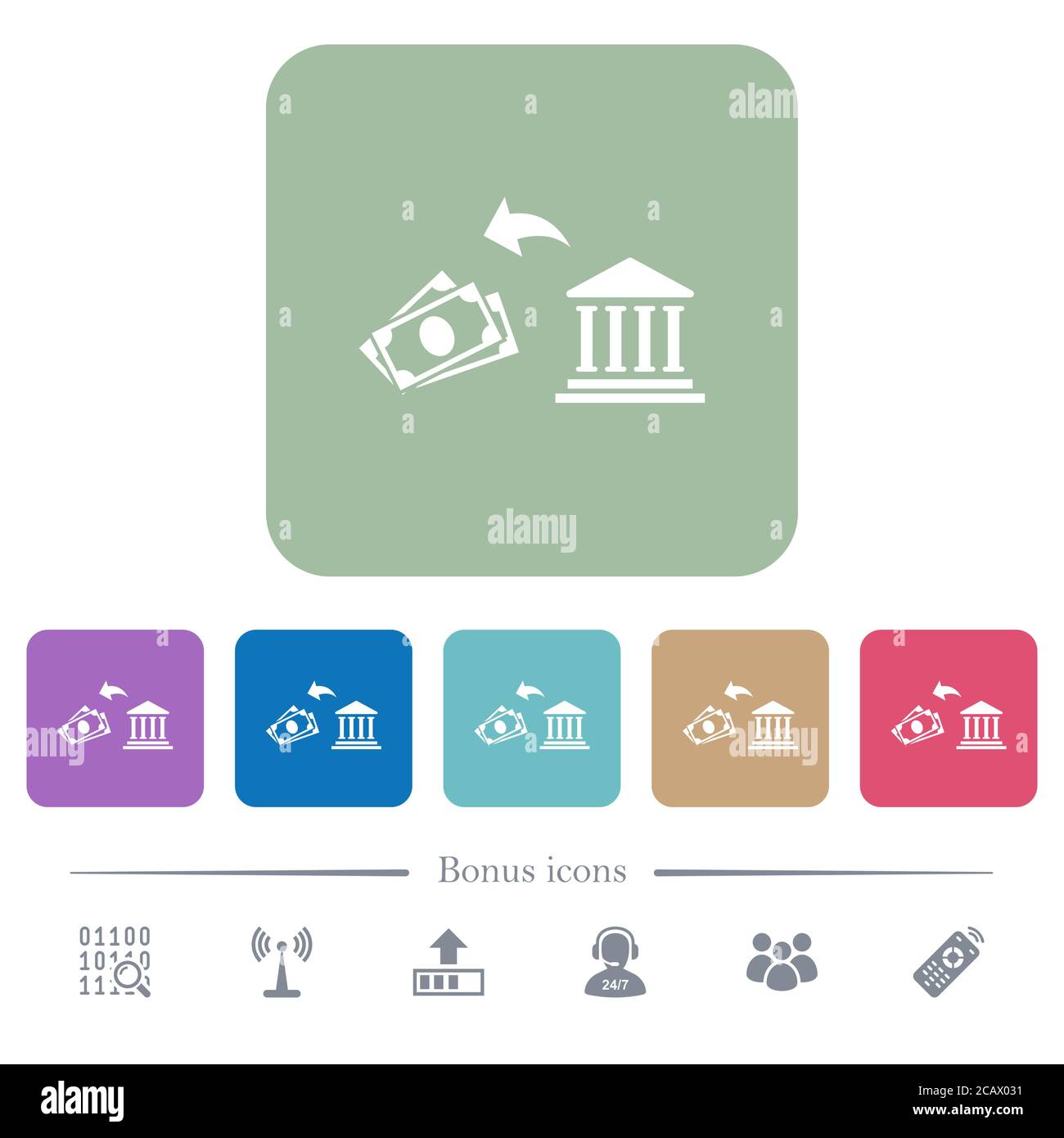 Cash withdrawal from bank white flat icons on color rounded square ...