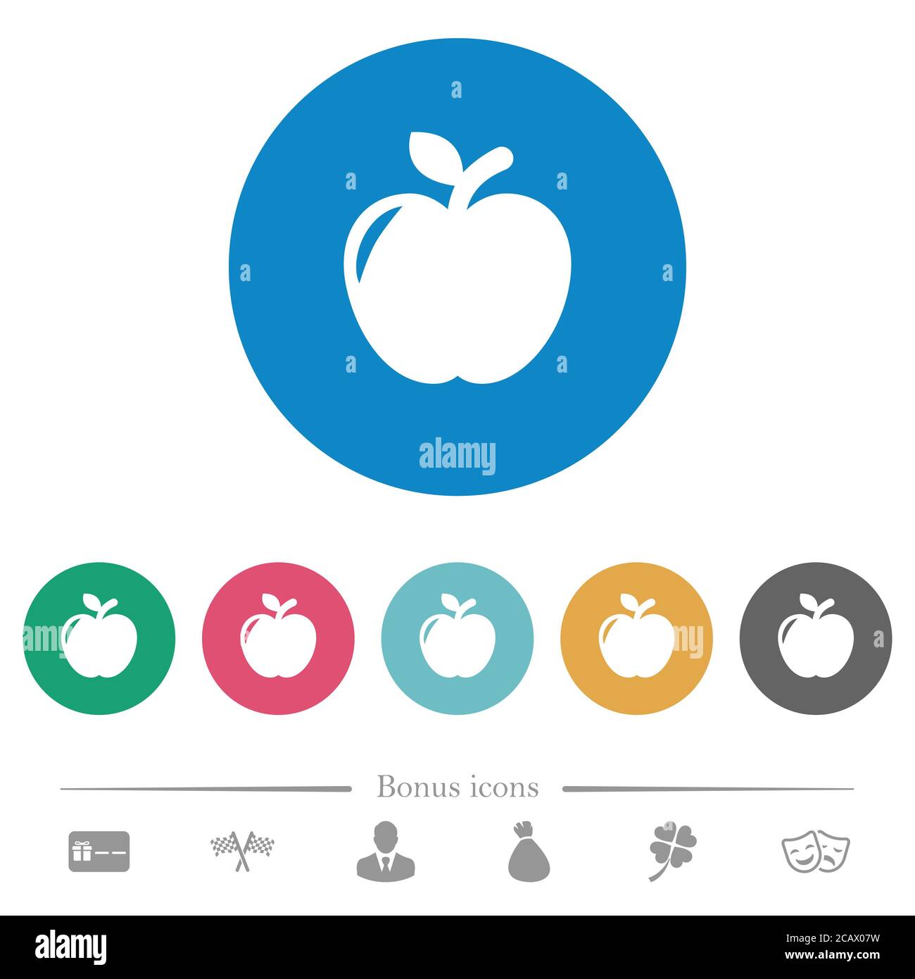 Apple flat white icons on round color backgrounds. 6 bonus icons ...