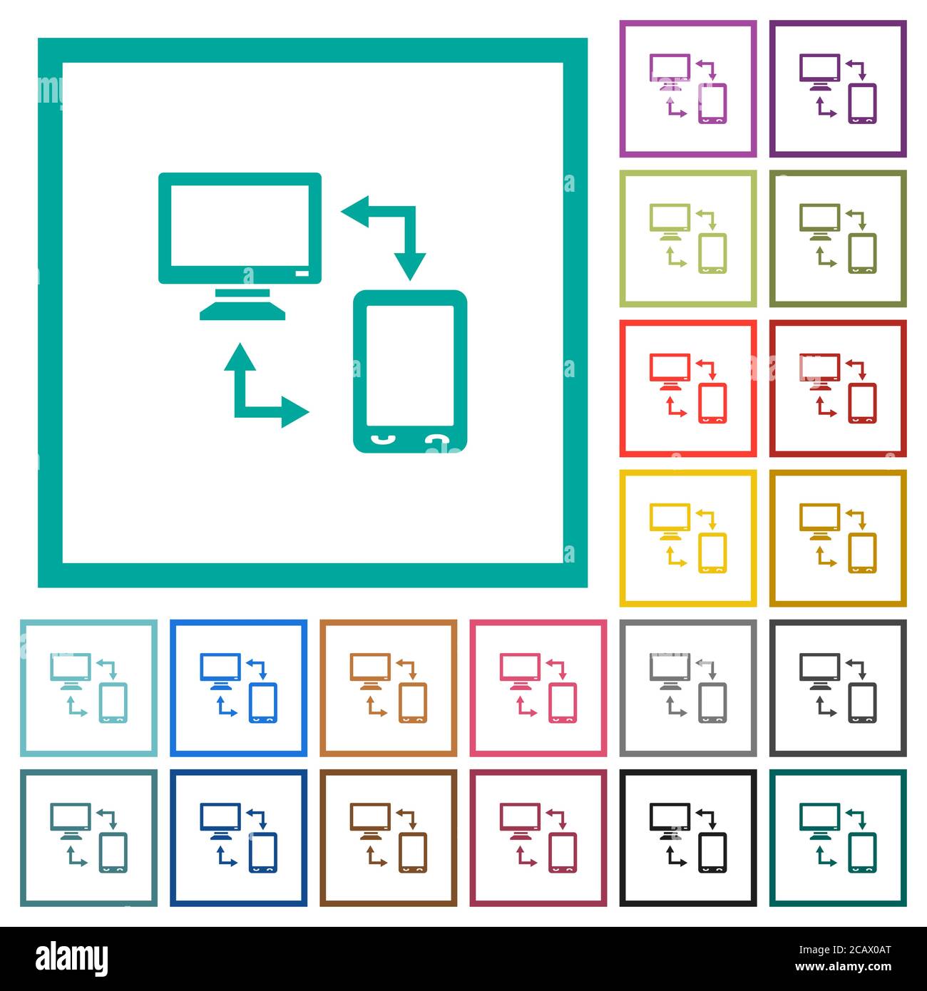 Connecting mobile to desktop flat color icons with quadrant frames on ...