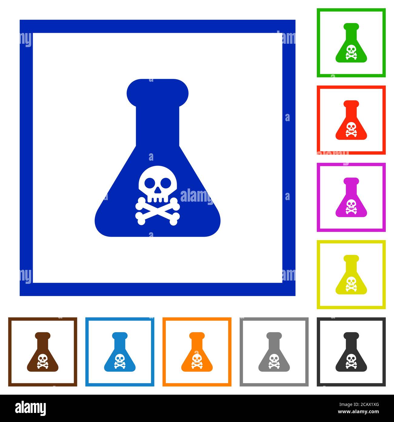 Dangerous chemical experiment flat color icons in square frames on ...