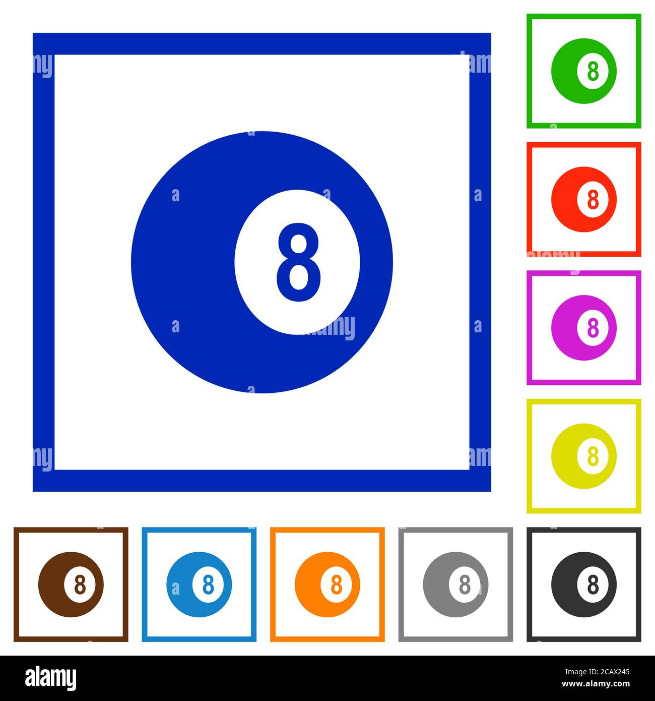 Black eight billiard ball flat color icons in square frames on white ...
