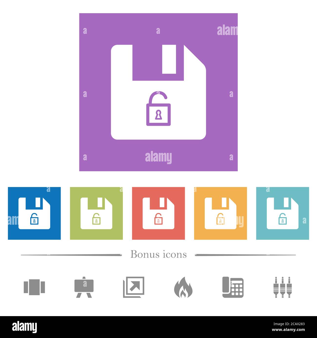 Unlock file flat white icons in square backgrounds. 6 bonus icons ...