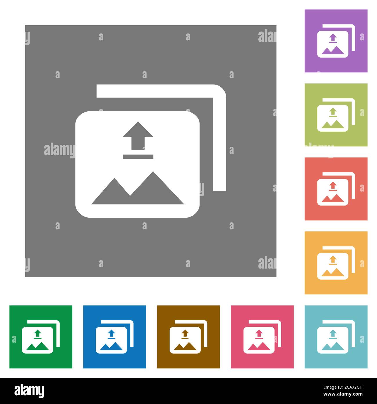 Upload multiple images flat icons on simple color square backgrounds ...