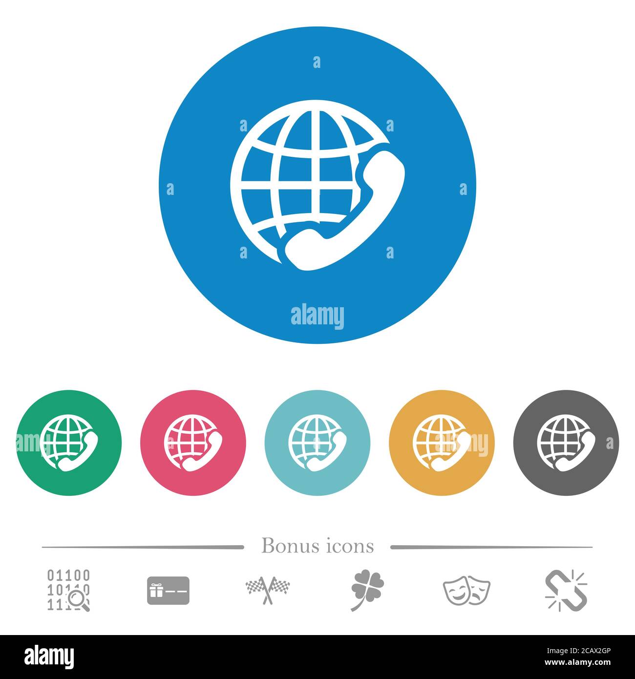 International call flat white icons on round color backgrounds. 6 bonus ...