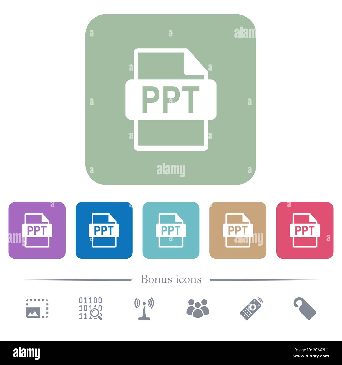 PPT file format white flat icons on color rounded square backgrounds. 6 ...