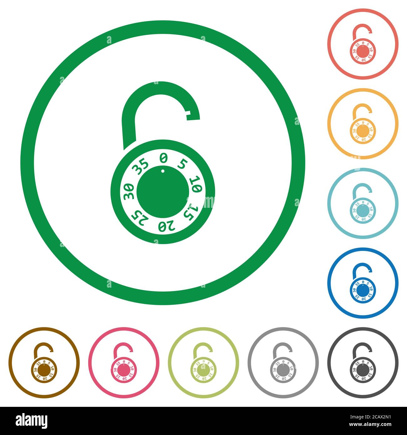 Unlocked round combination lock flat color icons in round outlines on ...