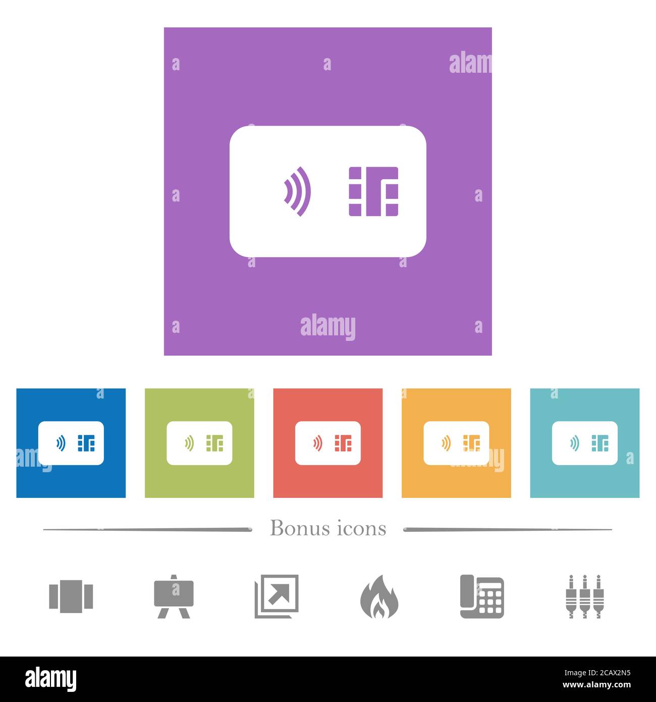 NFC chip card flat white icons in square backgrounds. 6 bonus icons ...