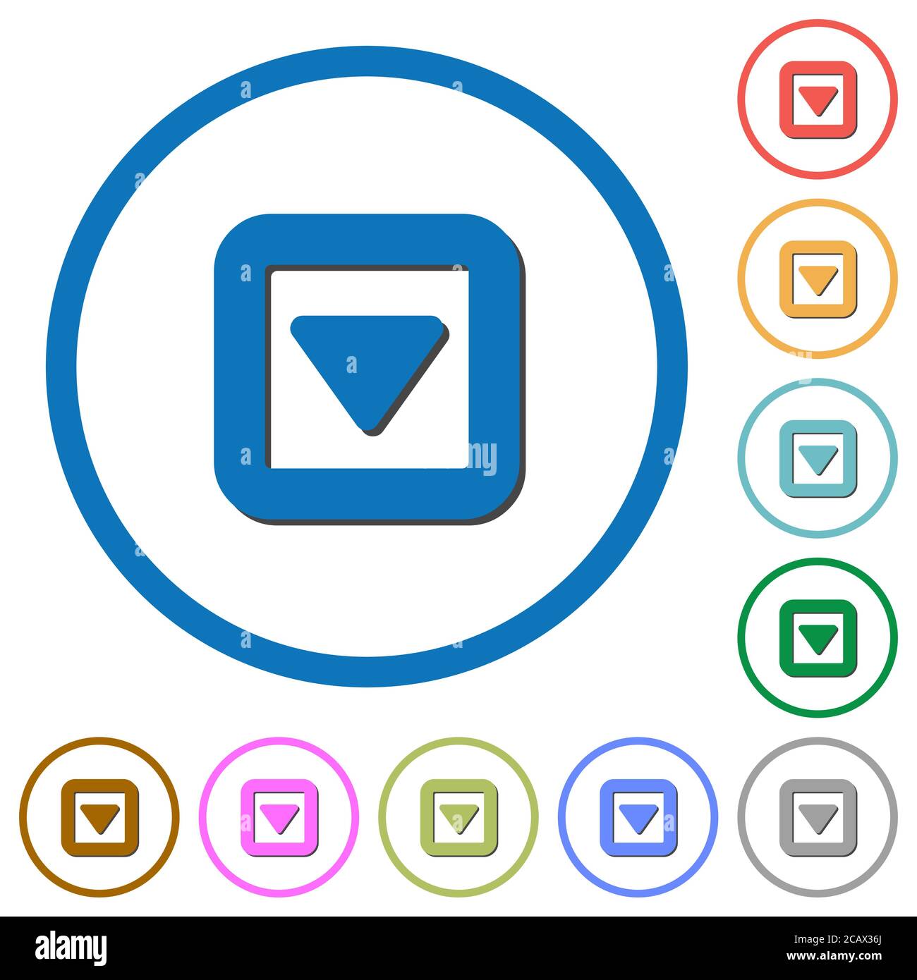 Toggle down flat color vector icons with shadows in round outlines on ...