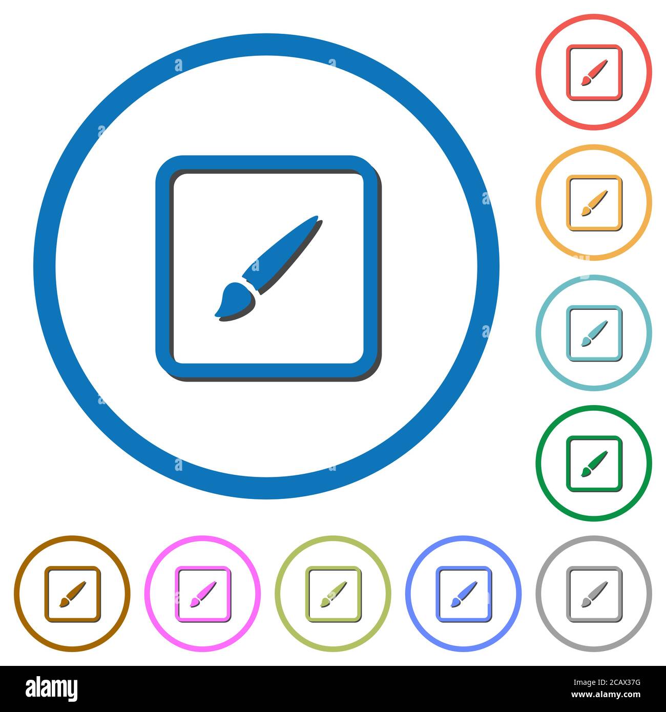 Paint object flat color vector icons with shadows in round outlines on ...