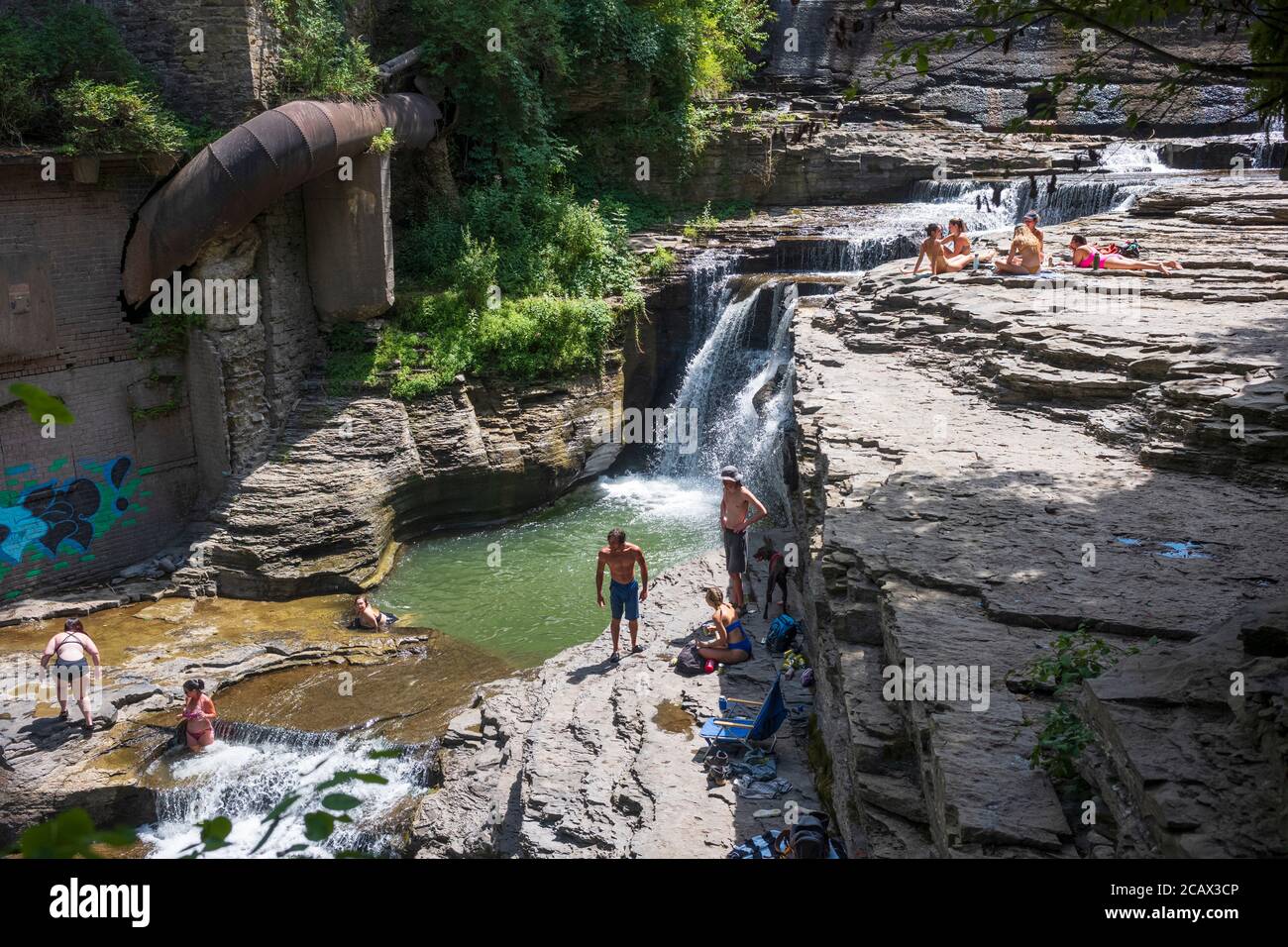 Ithaca, NY/USA-Aug 2, 2020: Groups of people to escape the summer heat ...
