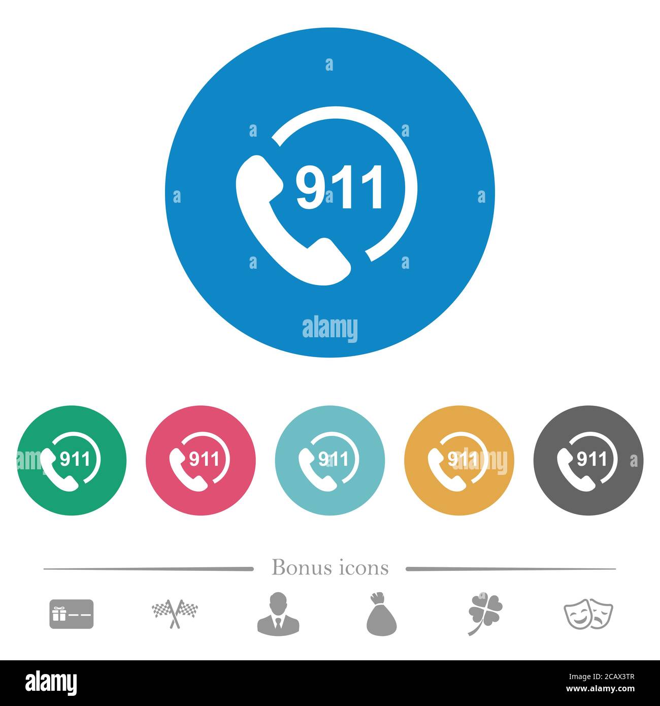 Emergency call 911 flat white icons on round color backgrounds. 6 bonus ...