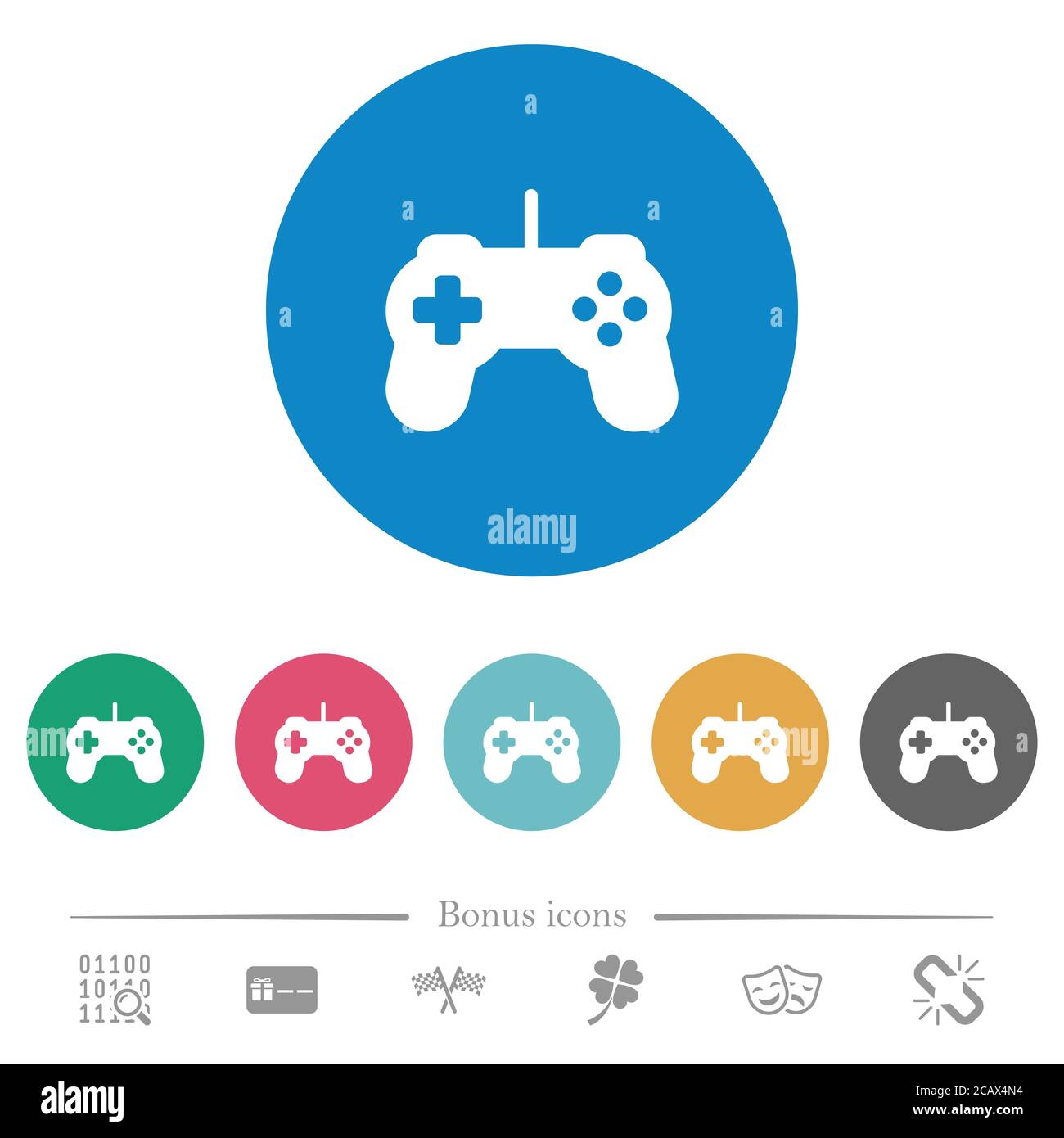 Game controller flat white icons on round color backgrounds. 6 bonus ...