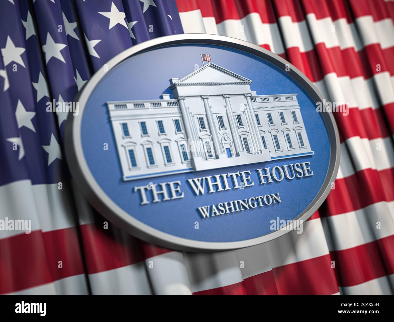 The White House Washington sign on flag of United States USA. 3d ...