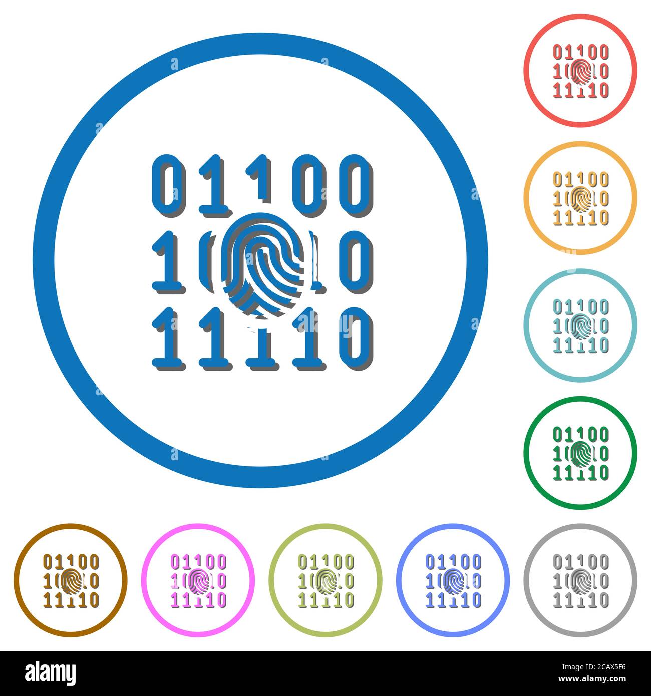 Digital fingerprint flat color vector icons with shadows in round ...