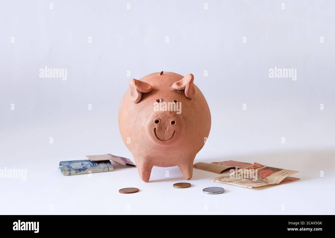 Pig coin with Brazilian money and coins Stock Photo - Alamy