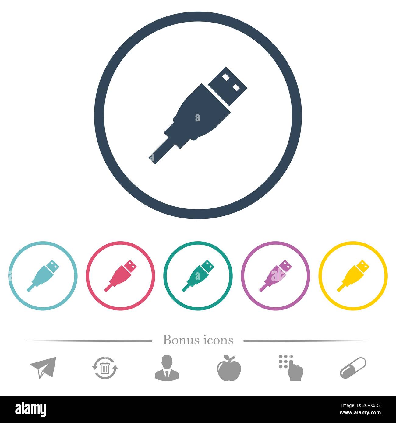 USB plug flat color icons in round outlines. 6 bonus icons included ...