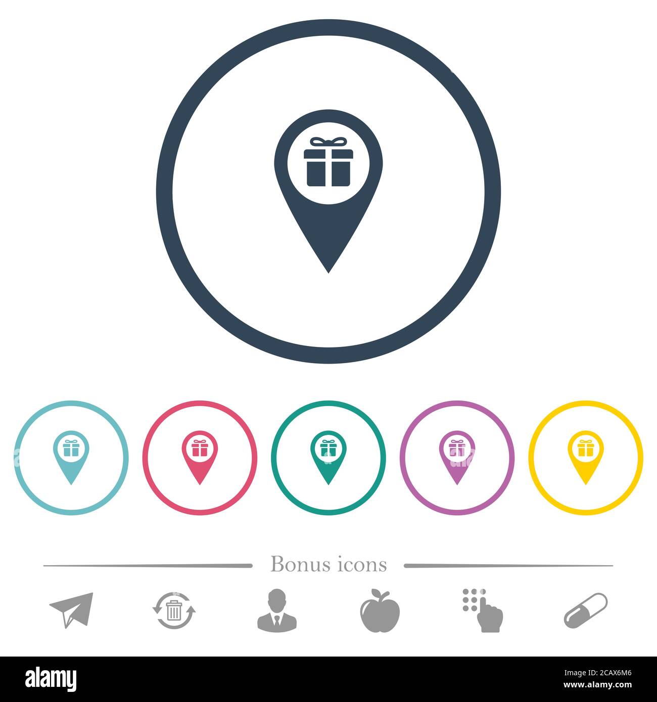 Gift shop GPS map location flat color icons in round outlines. 6 bonus ...