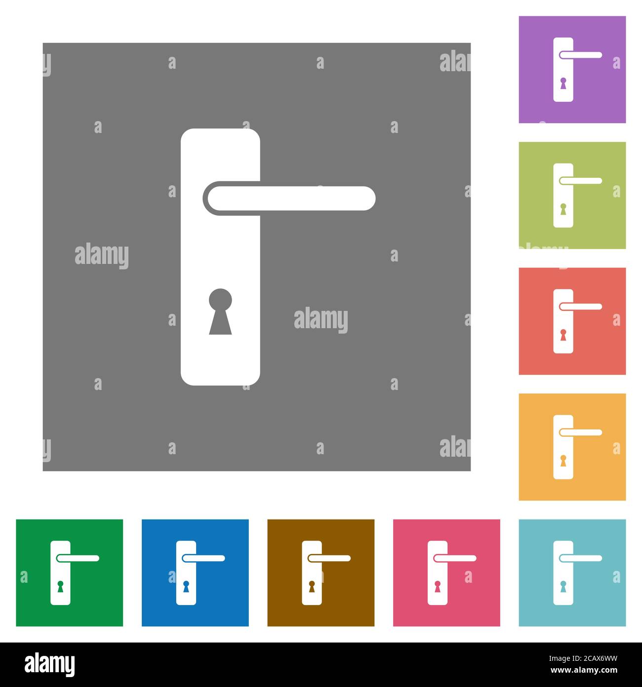 Right handed simple door handle flat icons on simple color square ...