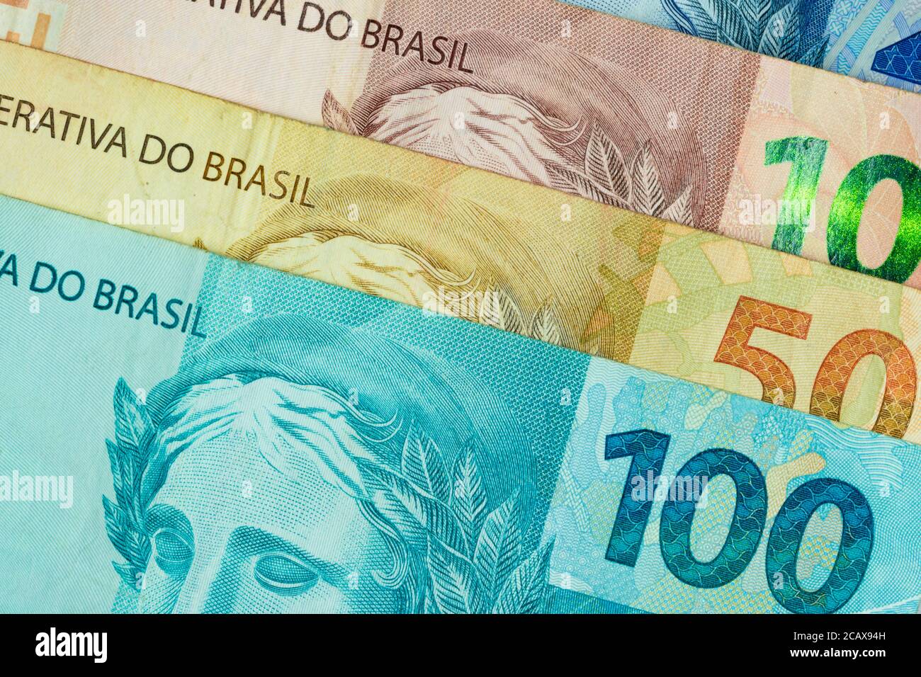 Closeup of varied values of Brazilian money Stock Photo - Alamy