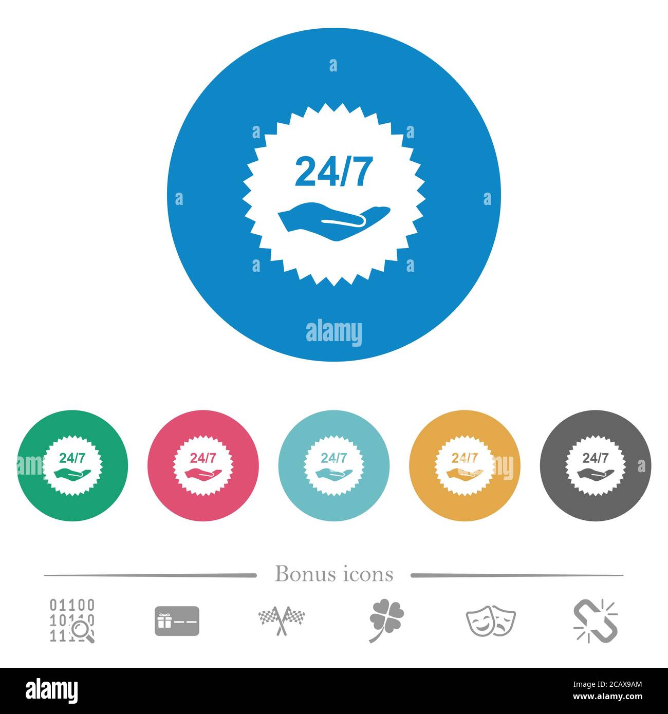 24 hours seven service sticker flat white icons on round color ...