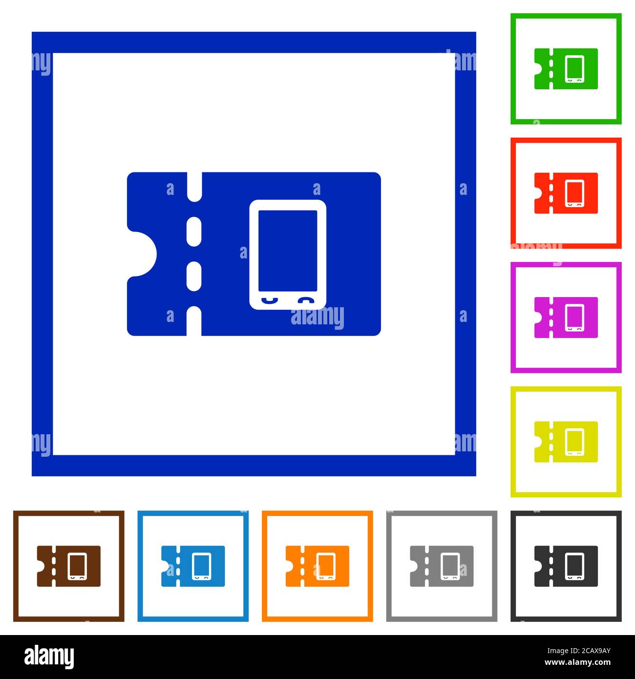 Mobile phone discount coupon flat color icons in square frames on white ...