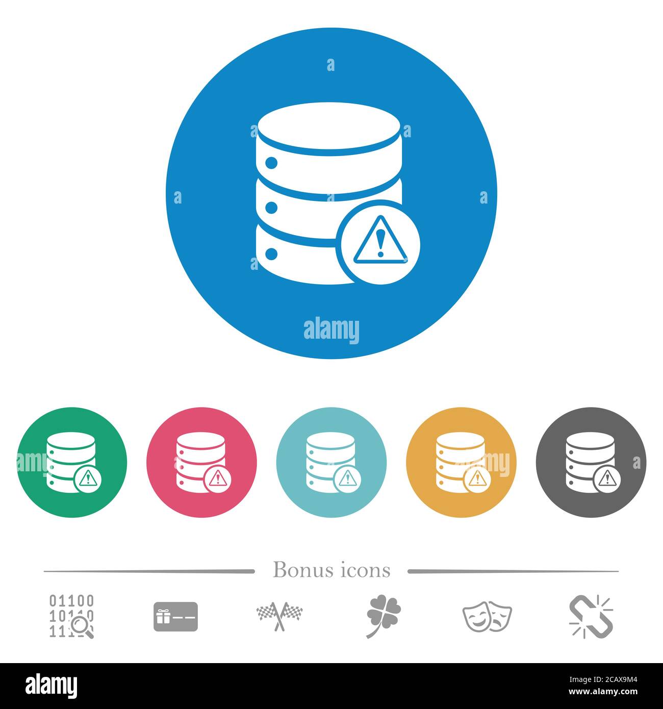 Database error flat white icons on round color backgrounds. 6 bonus ...