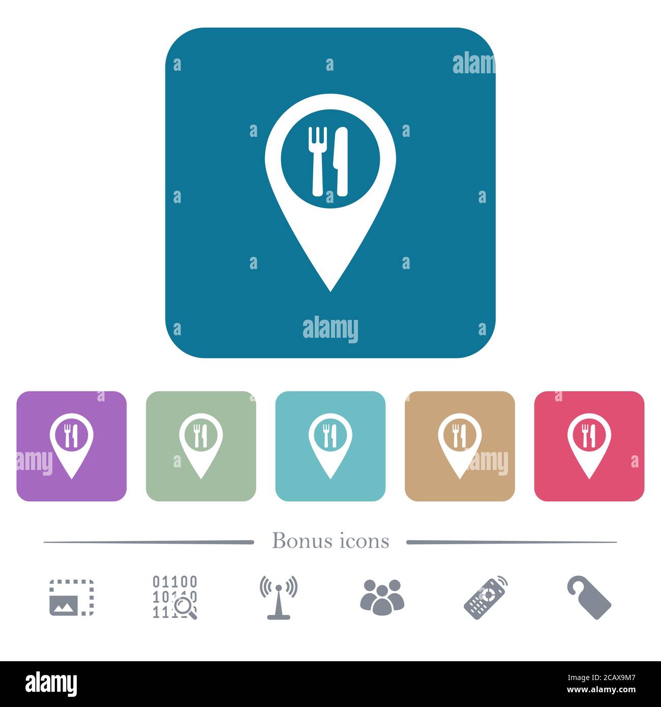 Restaurant GPS map location white flat icons on color rounded square ...