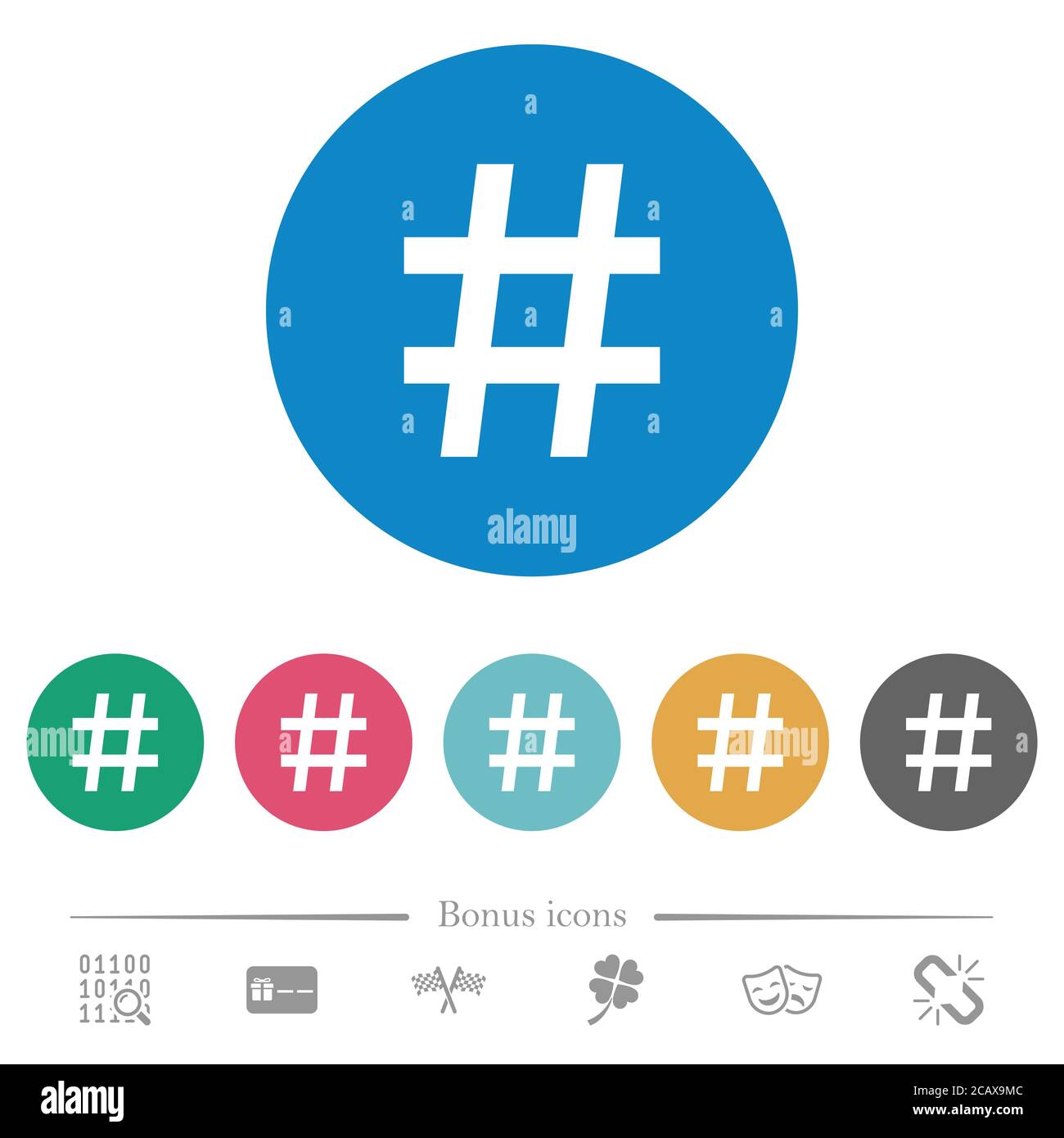 Hash tag flat white icons on round color backgrounds. 6 bonus icons ...