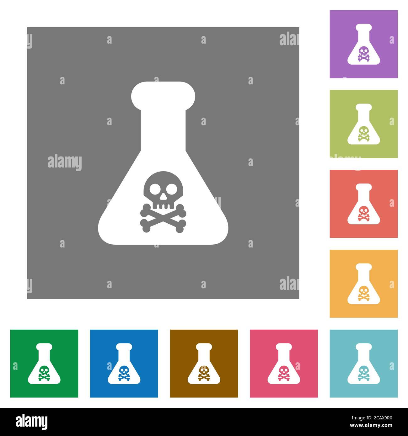 Dangerous chemical experiment flat icons on simple color square ...