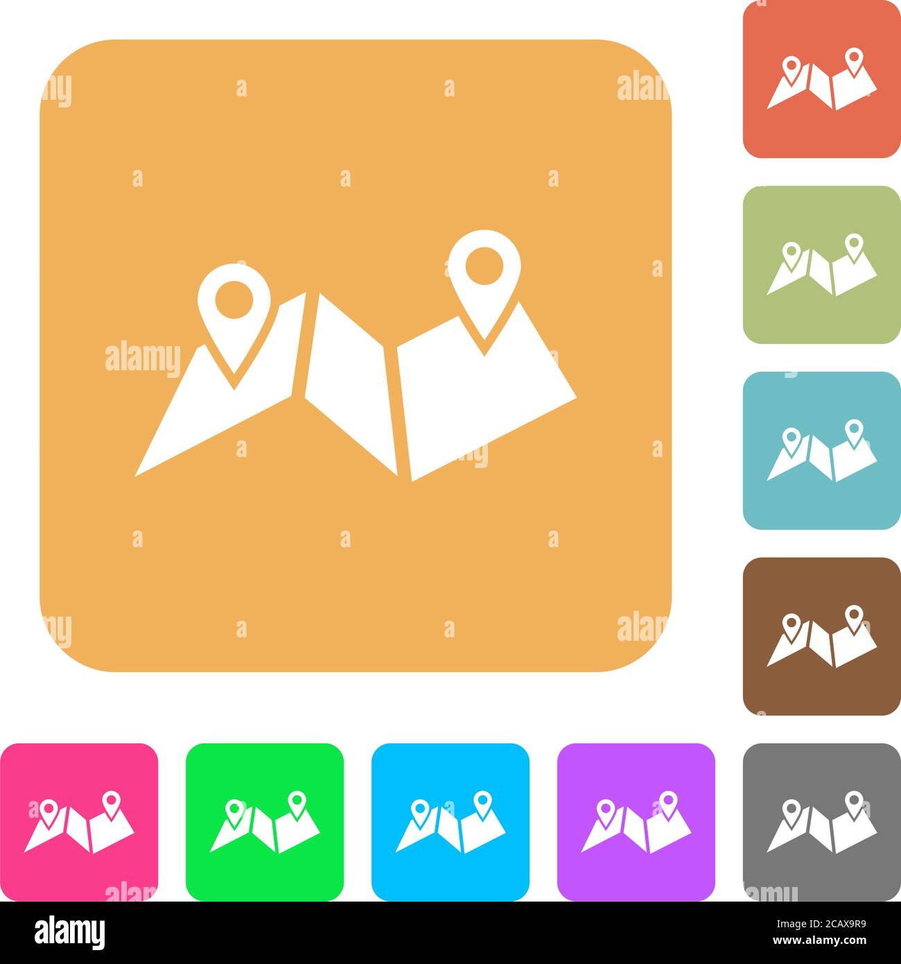 Route plan flat icons on rounded square vivid color backgrounds Stock ...