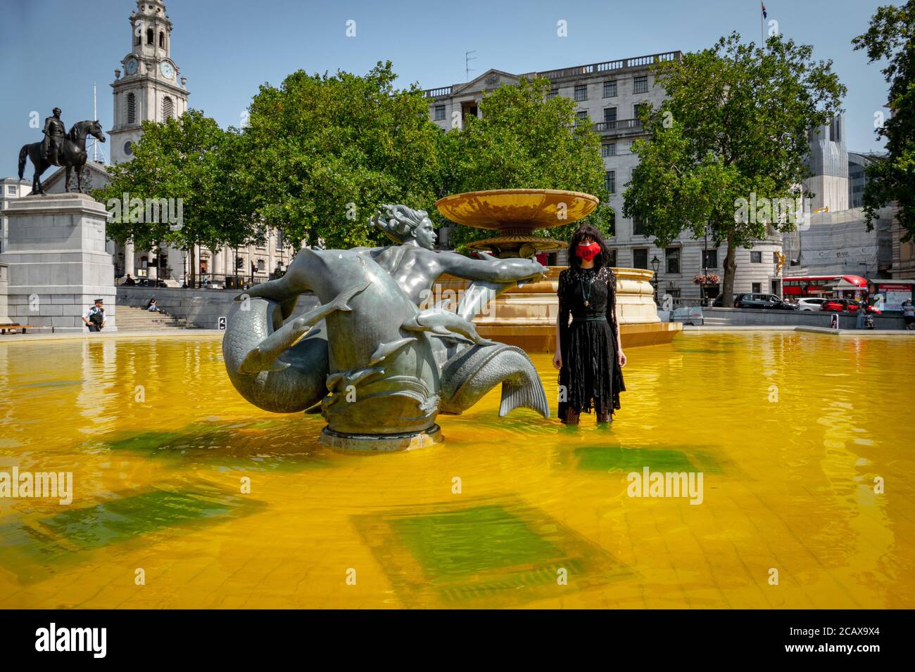 09/08/20 London, UK. XR activists covered the stairs of Trafalgar Sq. with fake blood to mark ...