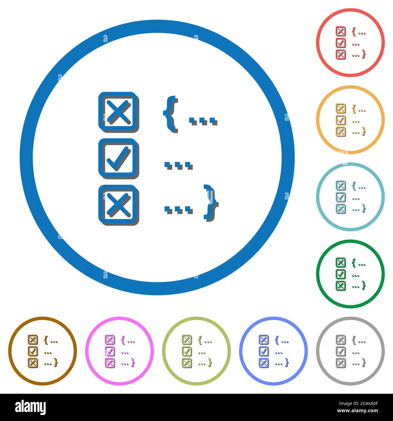 Source code checking flat color vector icons with shadows in round ...