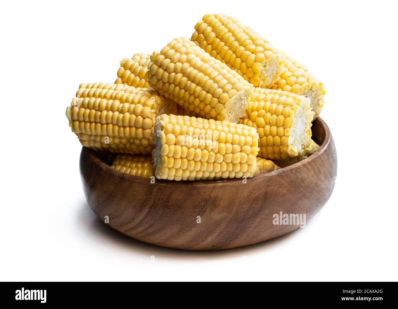 Raw corn cobs in wooden bowl isolated on white background Stock Photo ...