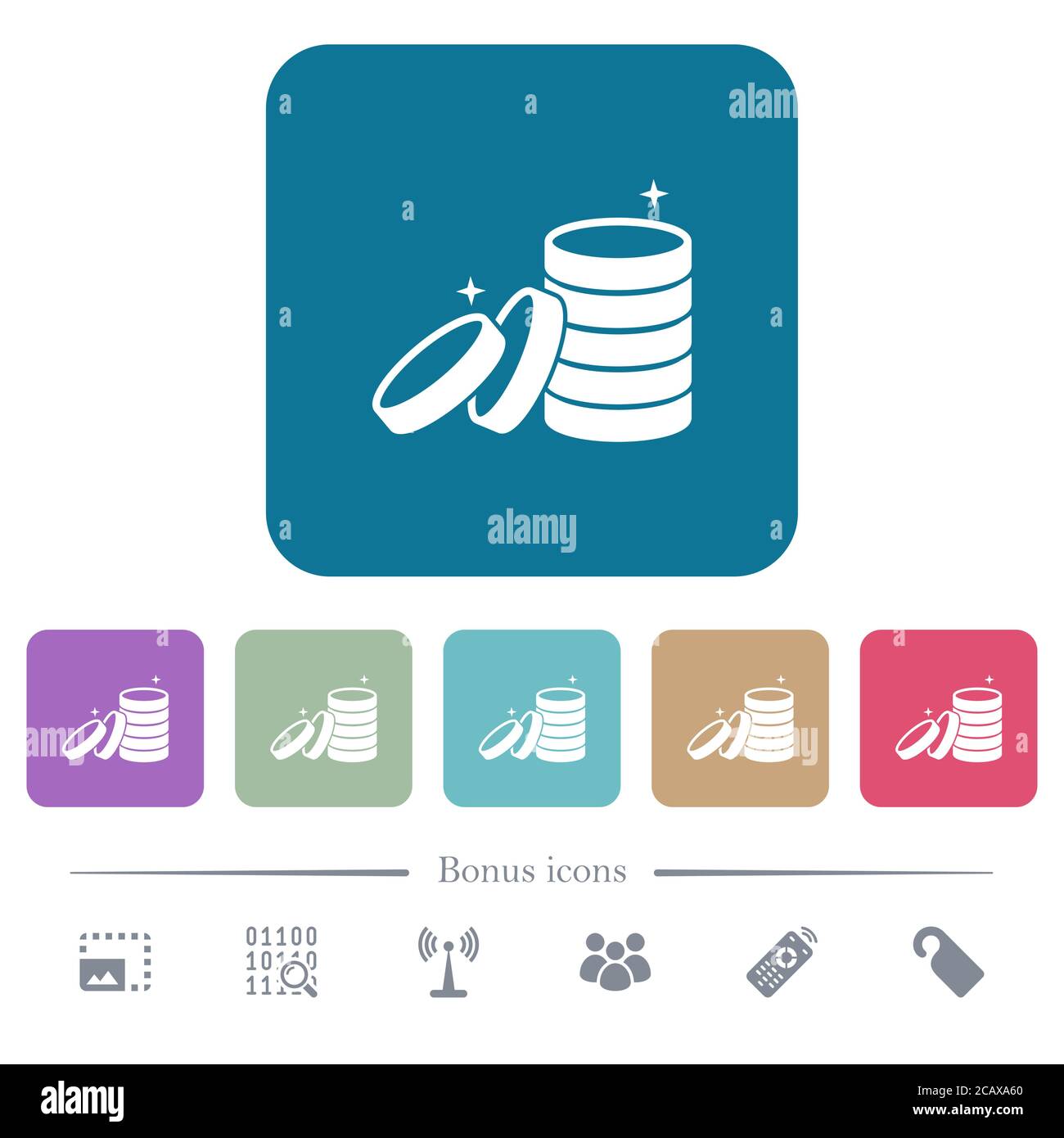 Stack of treasure white flat icons on color rounded square backgrounds ...